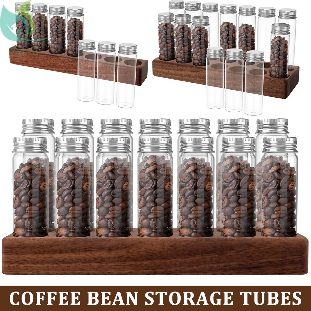 7/14Pcs Coffee Bean Storage Tubes with Walnut Wood Display Stand ...