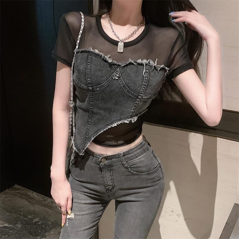 Women Clothing Fake Two-Piece Denim Stitching Mesh Short-Sleeved T ...