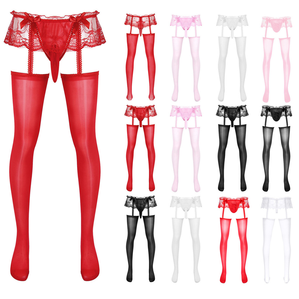 Yeahdor Mens Sheer Lace Skirted Cutout Pantyhose Glossy Garters ...