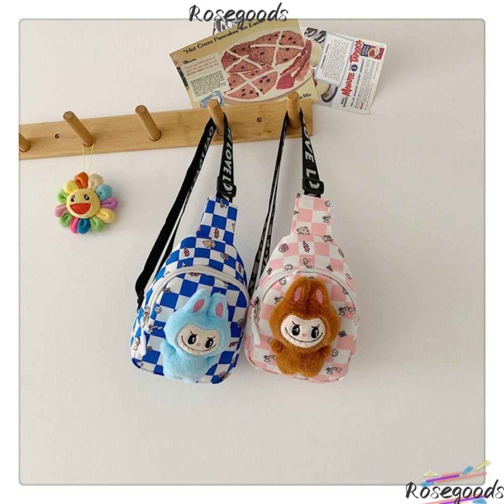 ROSEGOODS Labubu Chest Bag, Plush Doll Checkerboard Crossbody Bag ...