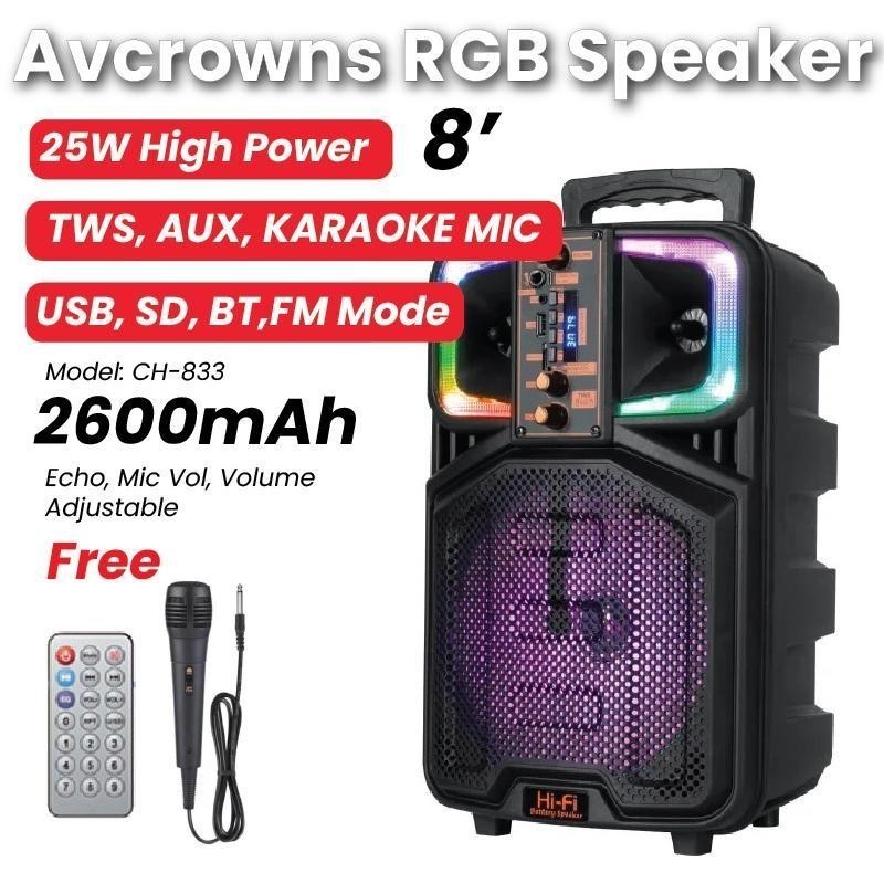 Avcrowns CH-833 Wireless 8 inch Speaker Box Super Bass With RGB Light Outdoor Bluetooth USB ...