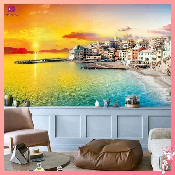 wallpaper dapur wallpaper dinding ruang tamu 3D sunset beach scenery ...