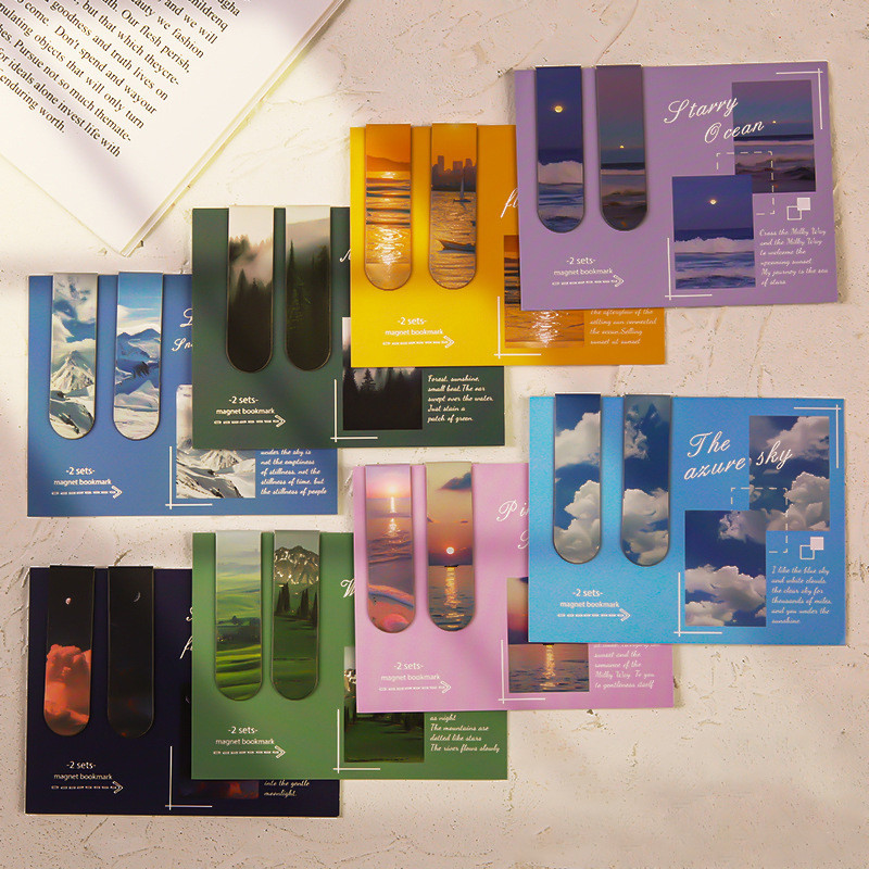 2 Pcs Elegant Packaging Landscape Series Pattern Magnetic Bookmark ...