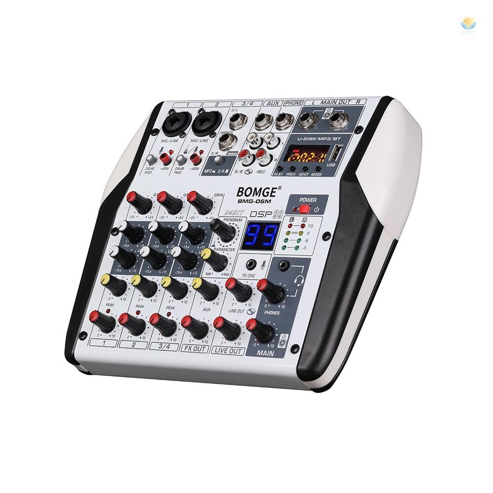 BOMGE 6 Channel DJ Audio Sound Mixer Professional Soundboard Stereo Recording MP3 USB BT Input ...