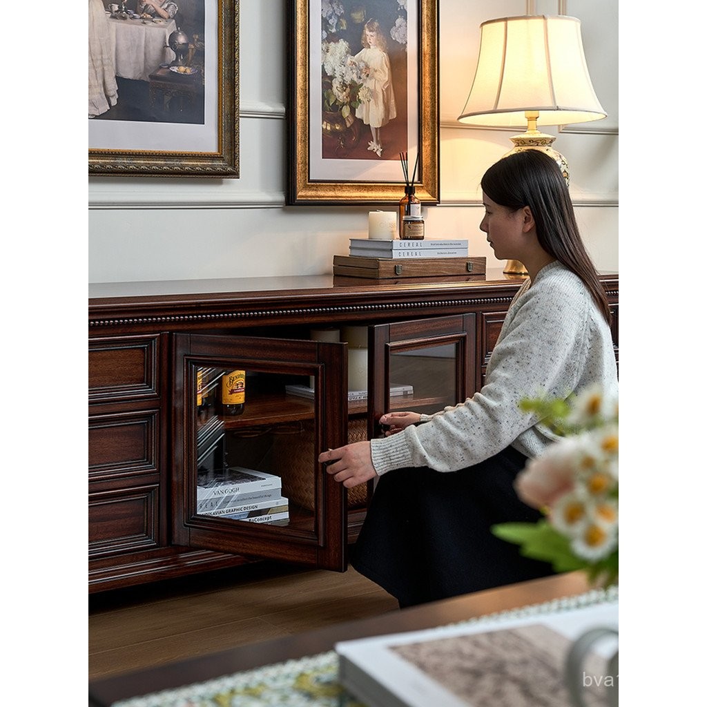 Gaya Amerika Ringan Mewah Retro Kayu Pepejal Kabinet TV Lantai Walnut ...