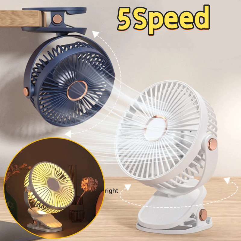5 Speed Desk Clip Fan USB with Atmosphere Light Wall Hanging 360 ...