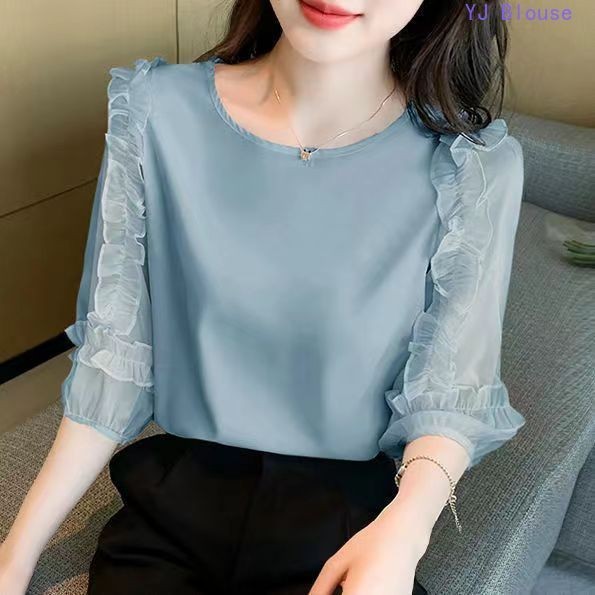 Chiffon Blouse for Women Plus Size Loose Round Neck Lace Half-sleeve ...