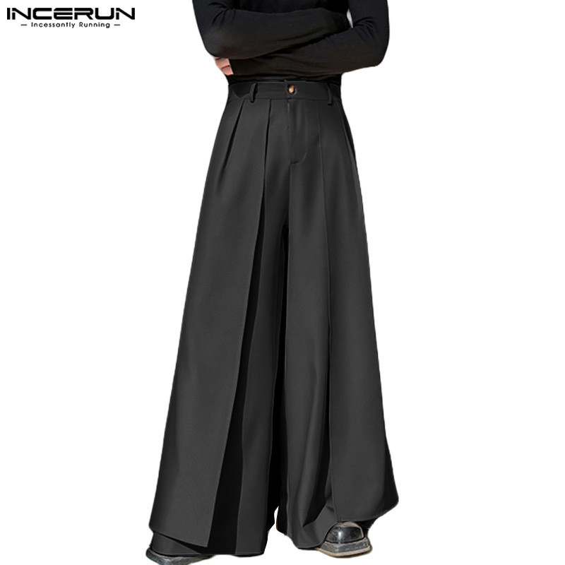 INCERUN Men's Fake Two Piece Design Wide Leg Pants and Skirts | Shopee ...
