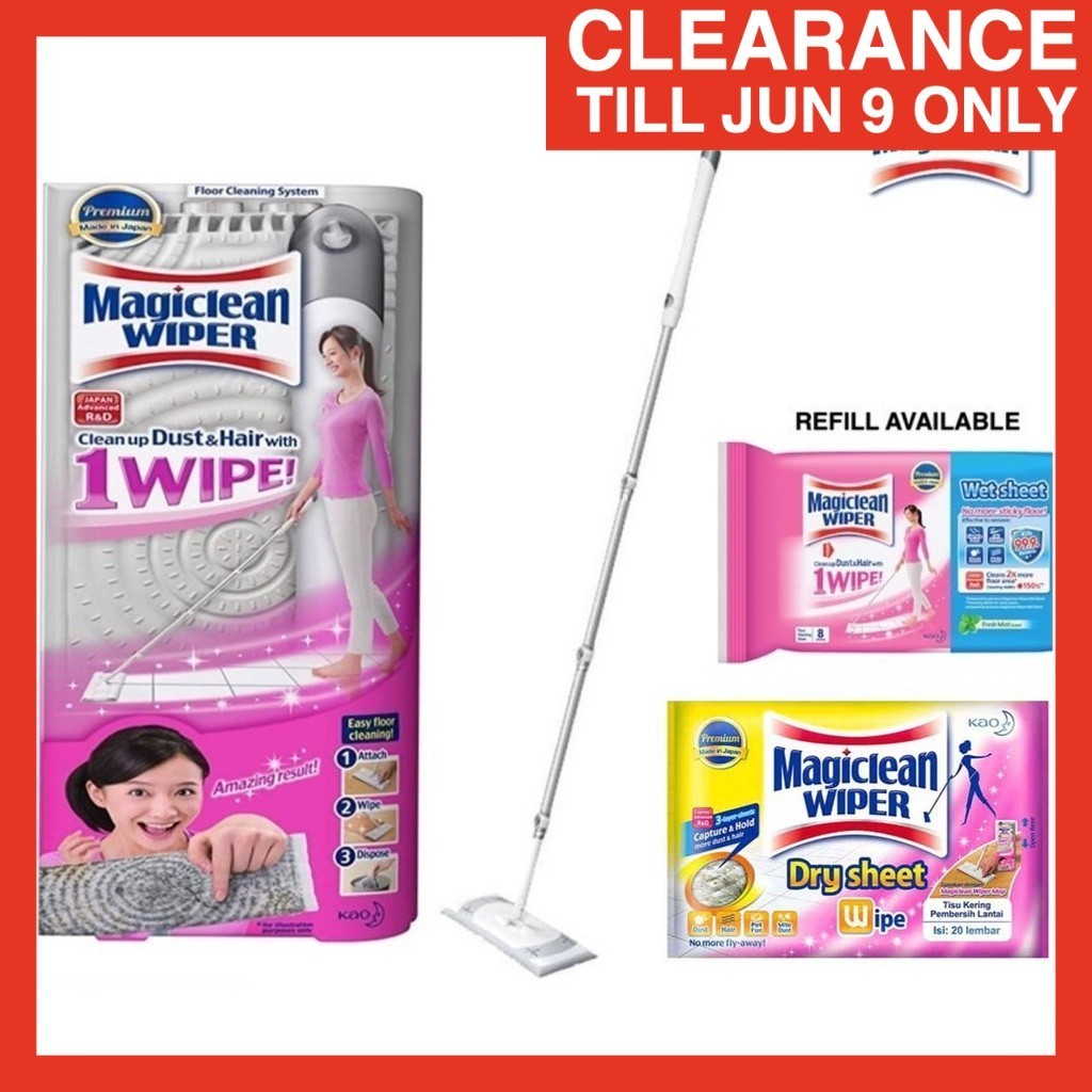 (WITH REFILL OPTION) 113cm Kao Magiclean Wiper Stick Mop Dry Sheet Wet ...