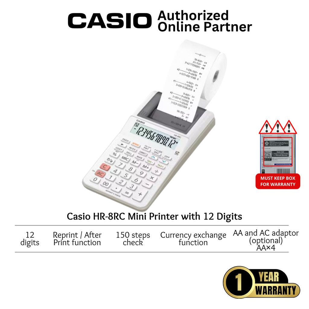 Casio HR-8RC Mini Printing Calculator with 12 Digits (Compact Type ...