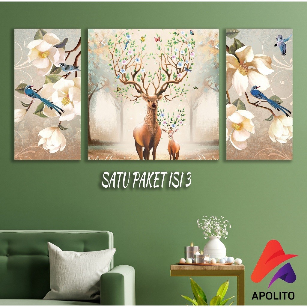 KAYU HIASAN DINDING Gold Deer Scenery WALL Hanging (FULL SET Of 3) WALL ...
