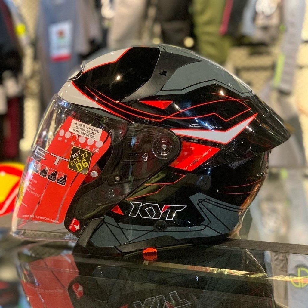 KYT HELMET TTR JET LED BLACK GREY OPEN FACE DOUBLE VISOR HELMET ...