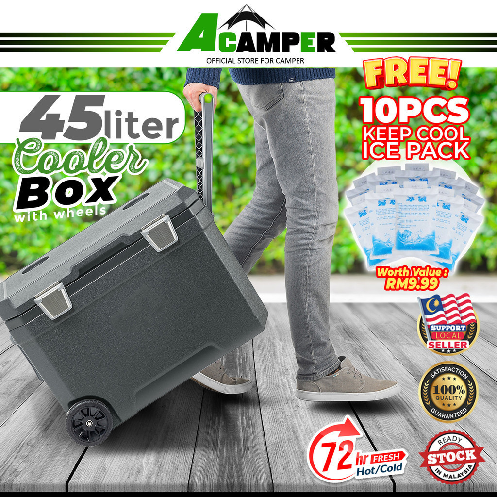 45L BLACK Kotak Ais Batu Memancing Cooler Box with Wheel Portable ...