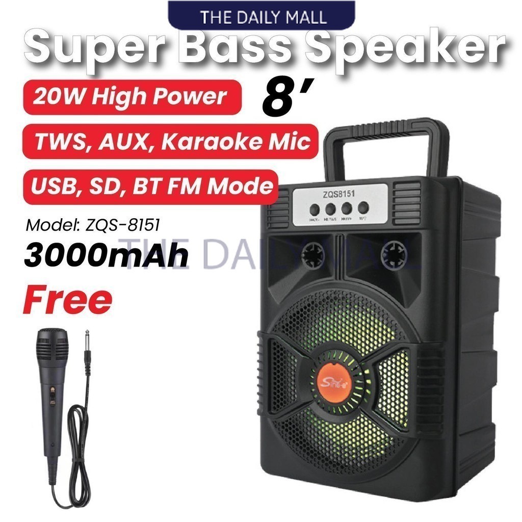 Sing-E ZQS-8151 8-inch 20 Watt Portable High-Power Super Bass Bluetooth Wireless Outdoor Speaker ...