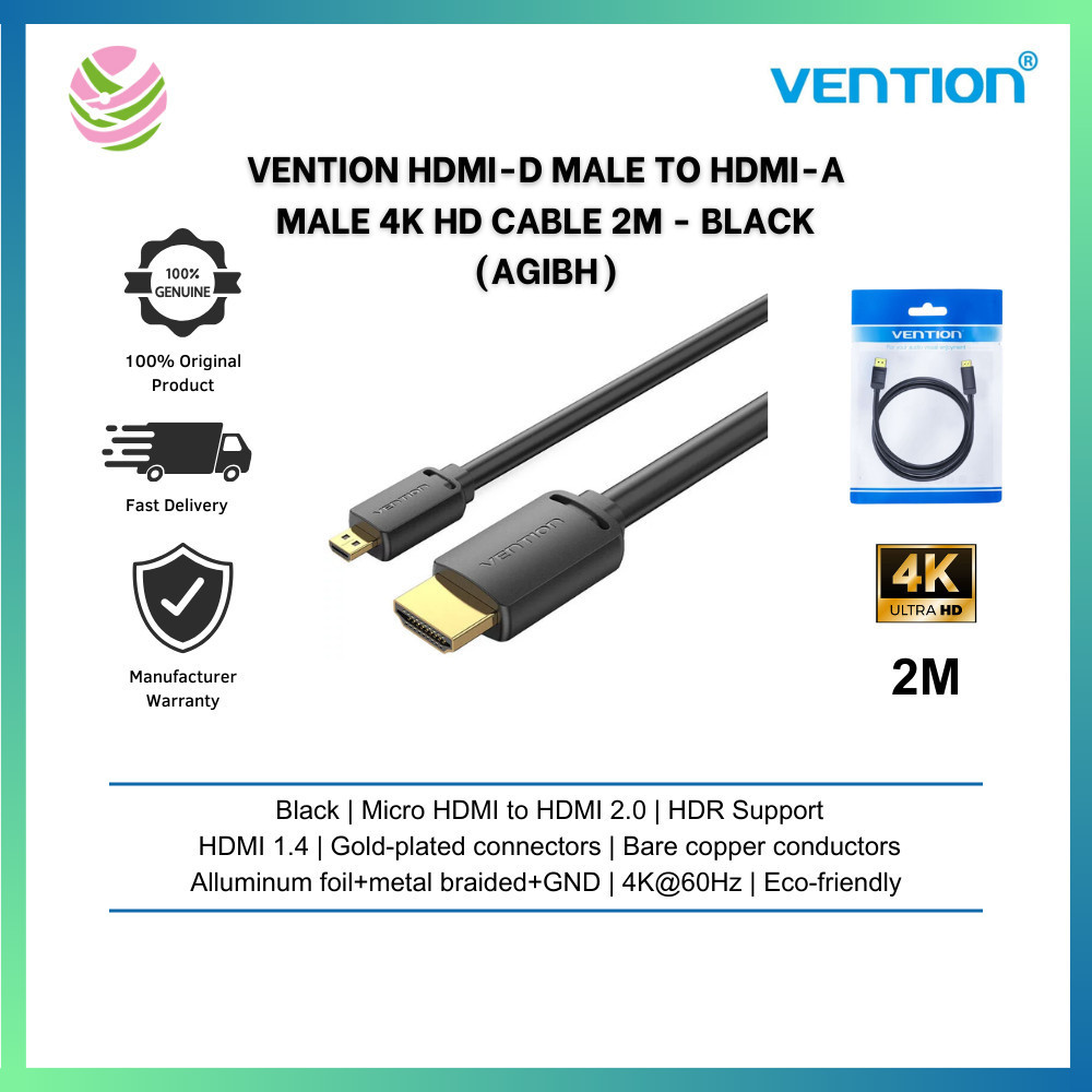 VENTION HDMI-D MALE TO HDMI-A MALE 4K HD CABLE 2M - BLACK (AGIBH) | Shopee Malaysia