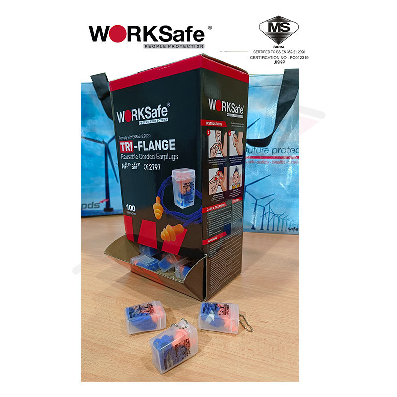 WORKSAFE TRI-FLANGE PLUGS, CORDED IN BB BOX W CHAIN, SNR 31DB, NRR 25DB ...