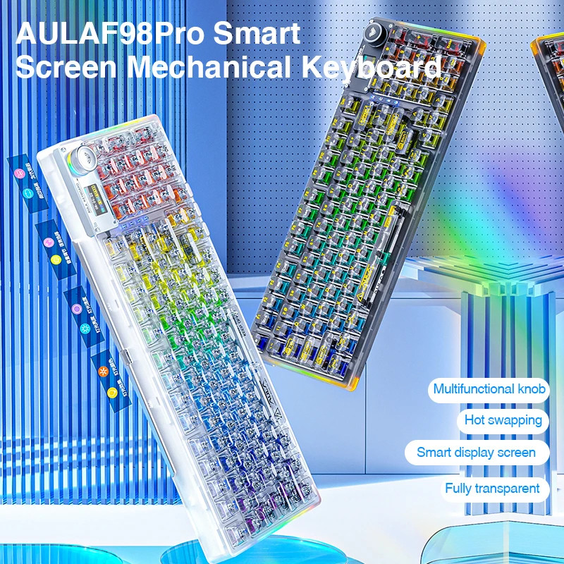 AULA F98 Pro Transparent Mechanical Keyboard - Tri-Mode Wireless, Hot-Swappable, 98% Compact RGB ...