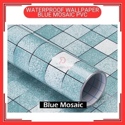 Kertas dinding stiker dinding wallpaper 60cm x 50m Blue Mosaic PVC ...