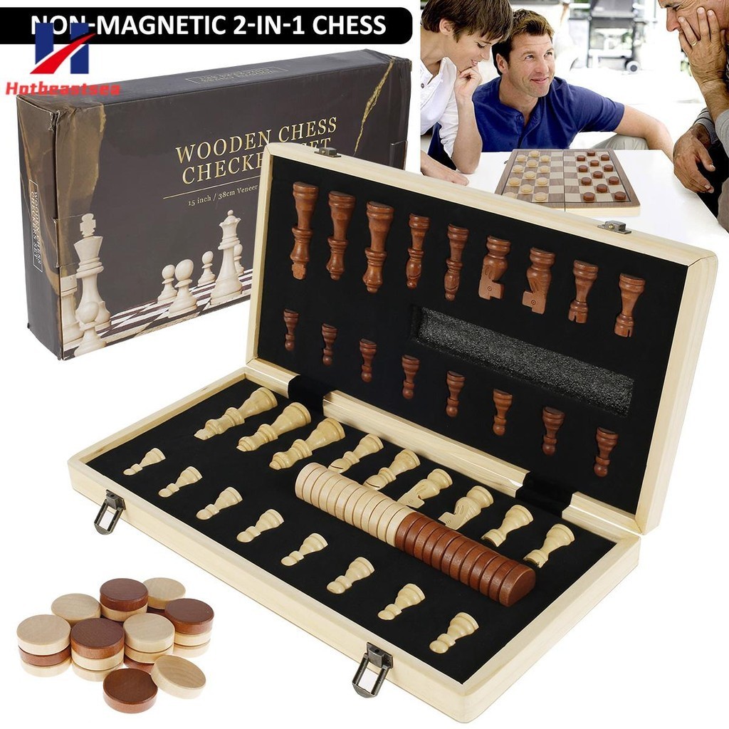 56Pcs Chess and Checkers Set Chess Game Set Wooden 2-in-1 Board Game ...
