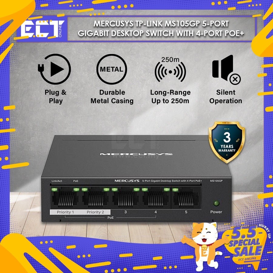 Mercusys TP-Link MS105GP 5-Port Gigabit Desktop Switch with 4-Port PoE+ ...