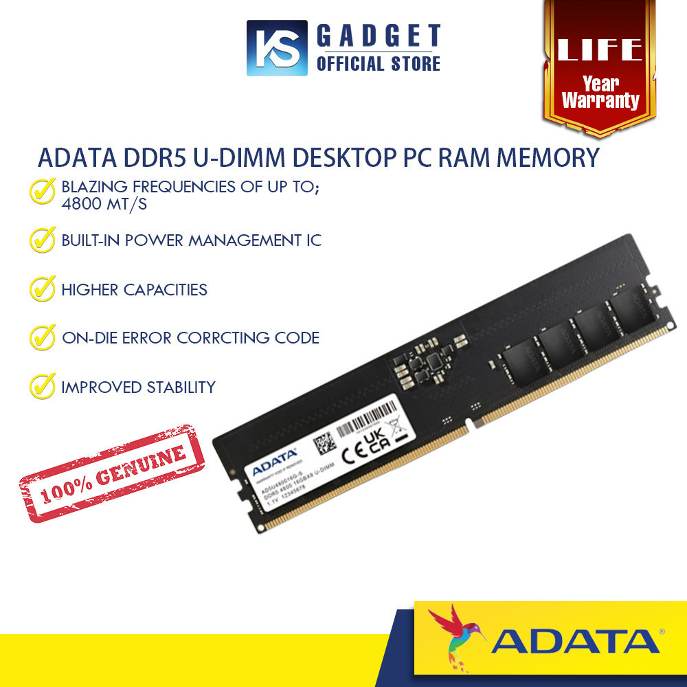 ADATA DDR5 U-Dimm Desktop PC RAM Memory 16GB 8GB 4800 Mhz Single Pack ...