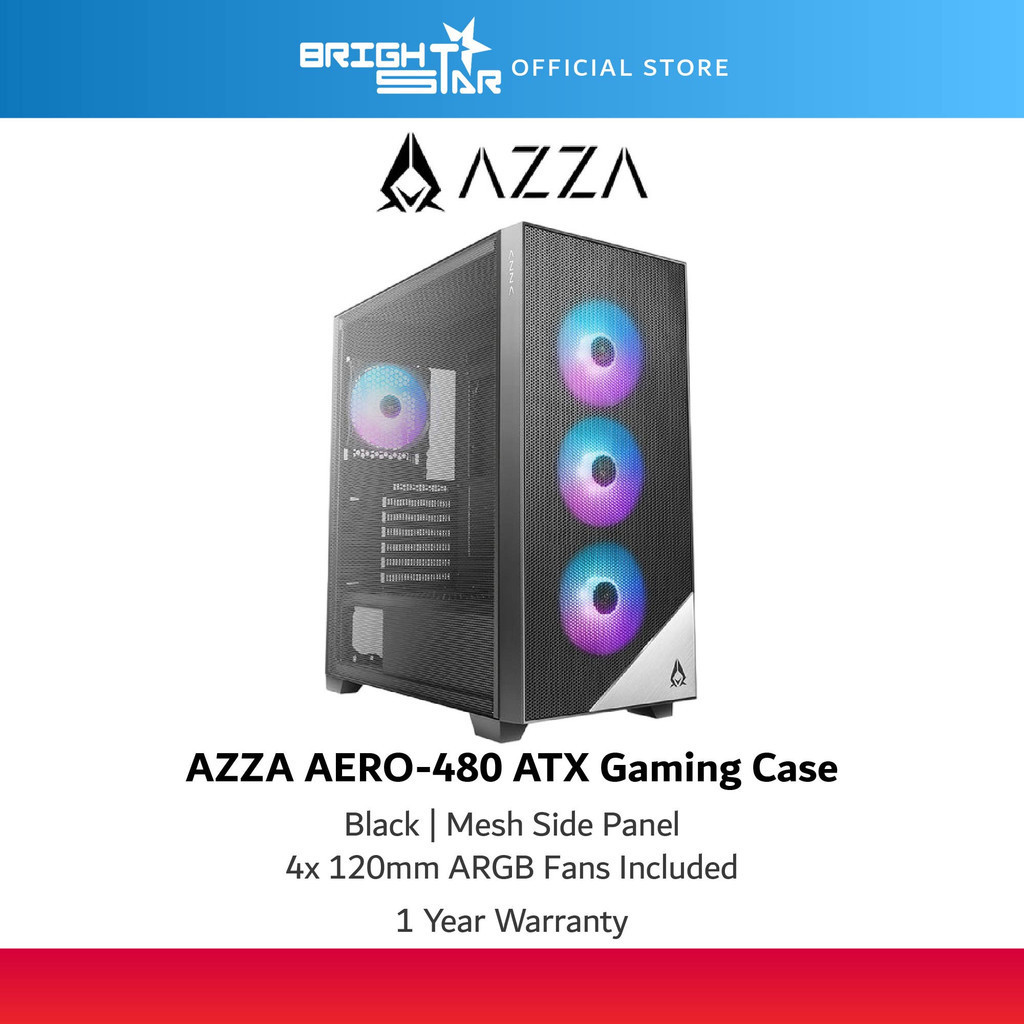 AZZA AERO-480 ATX Gaming Case Mesh Side Panel 4x 120mm ARGB Fans ...