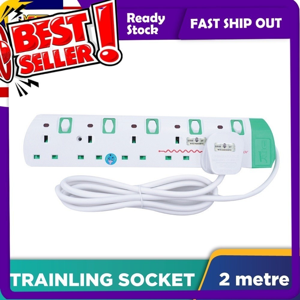 2000W (2METER) Penyambung Plug 5 Gang, Extension Socket Plug Extension ...