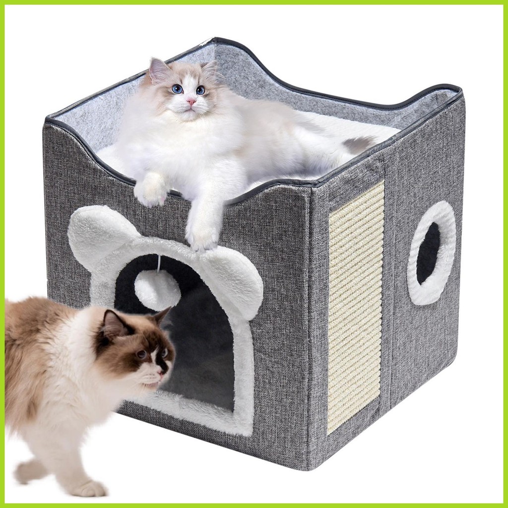 Cat House 2-Tier Kitten Hideaway Cube Condo Cave with Ball Foldable Pet ...