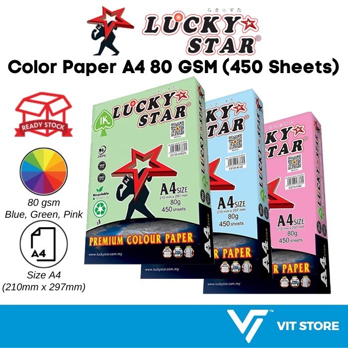 IK LUCKY STAR Light Color Premium A4 Paper 80 gsm 450 Sheets (Blue, Pink, Green) | Shopee Malaysia