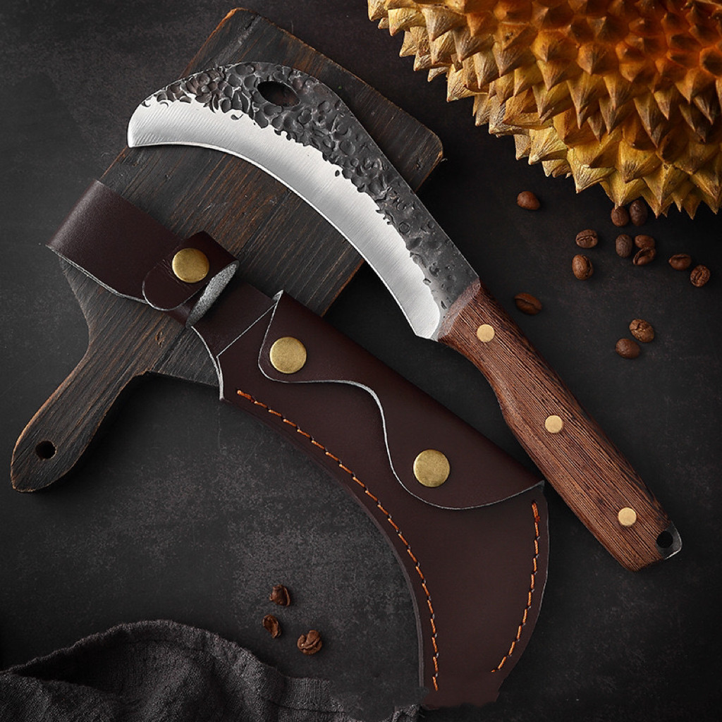 Hammered Forged Durian Knife Chicken Wing Wooden Handle Scimitar Fruit ...