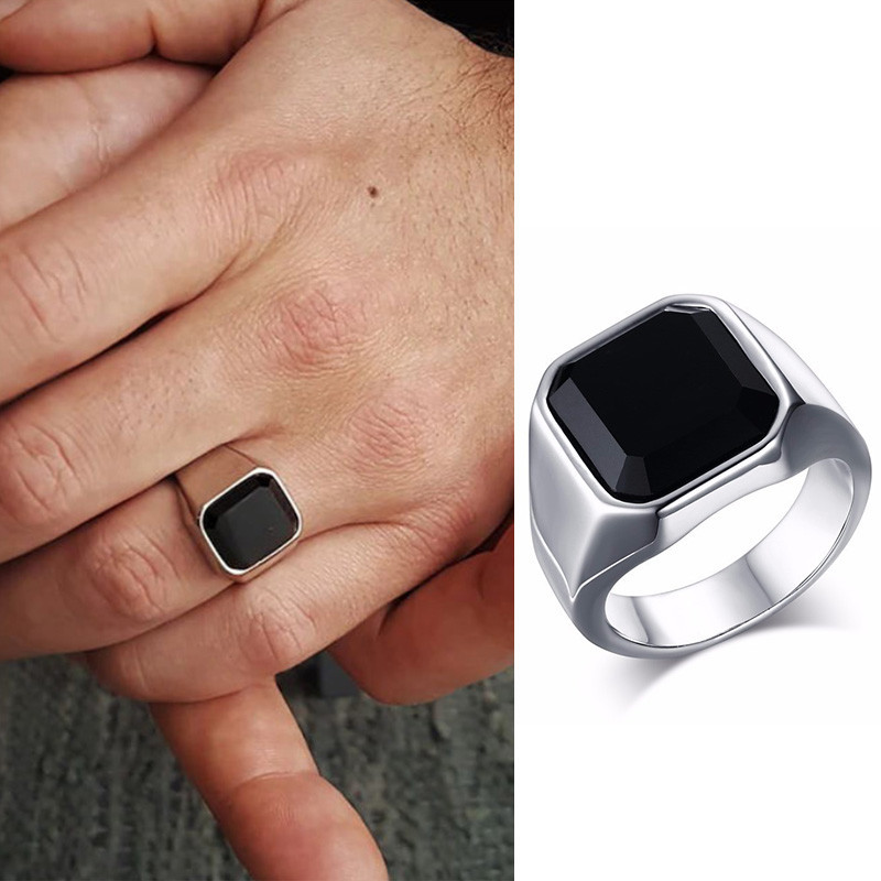 Simple Black Stone Rings for Men Geometric Square Finger Punk Style ...