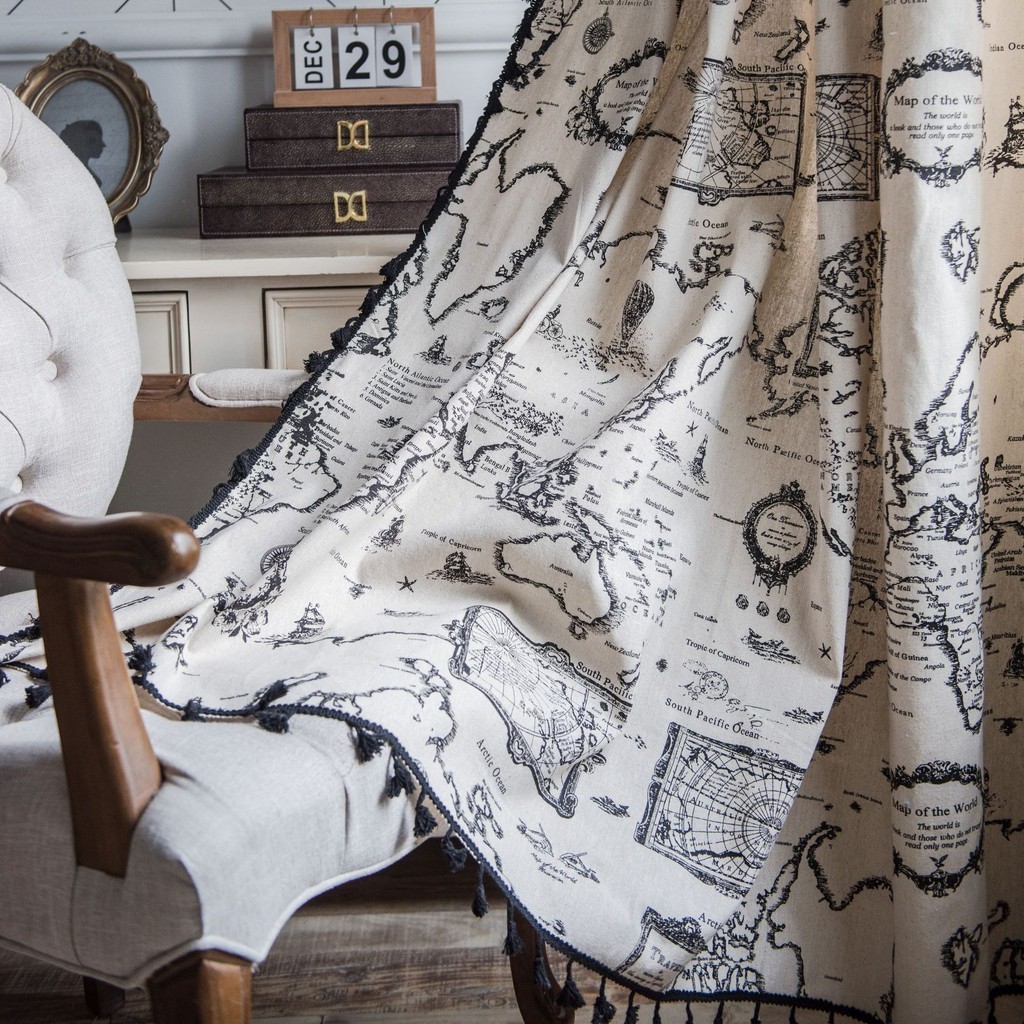 Vintage World Map Print Cotton Linen Curtain with Tassels Semi-blackout ...