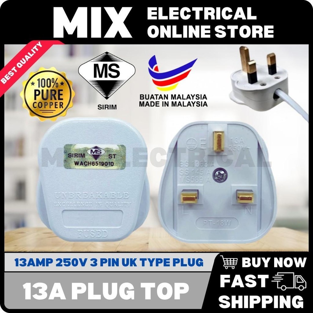 [SIRIM] Pure Copper White 13A 3 Pin Plug Top / 3Pin Approved Uk Plug ...