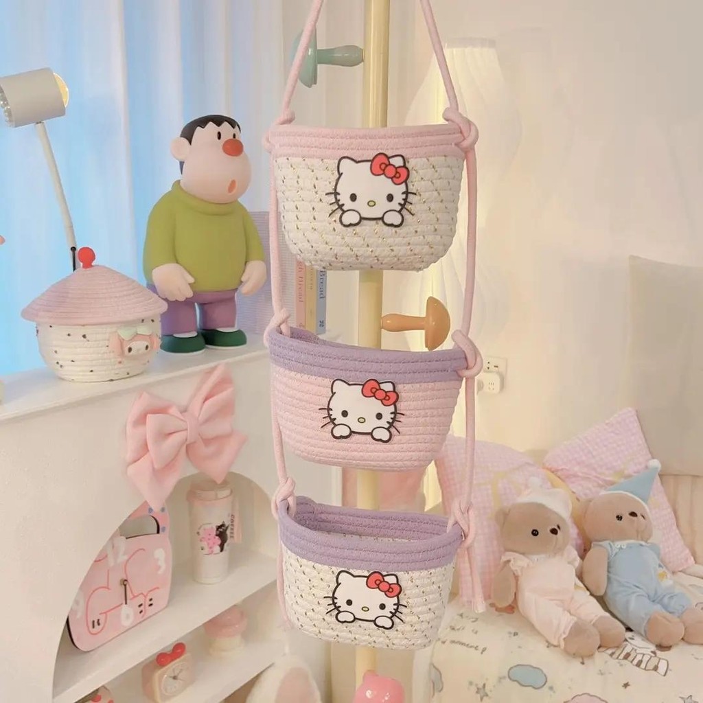 Pink Hello Kitty Storage Basket Three Layer Hanging Basket Cute Wall ...