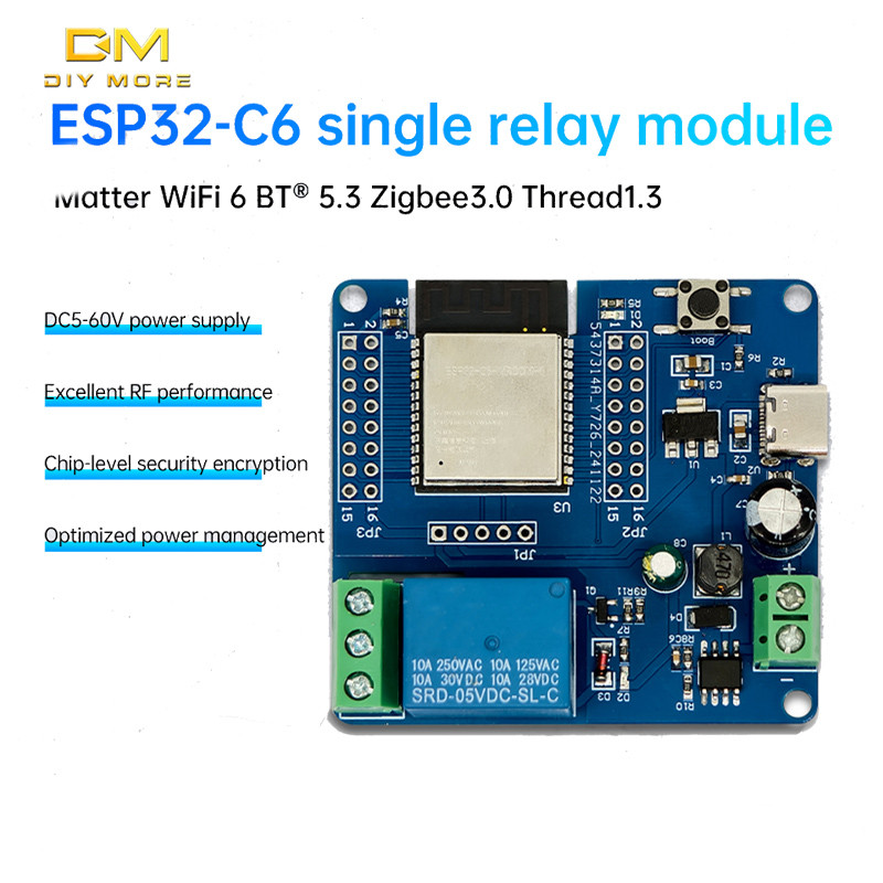 DIYMORE DC 5-60V Single Relay Module Onboard Esp32-C6 Wifi Bt Development Board Module Type C ...