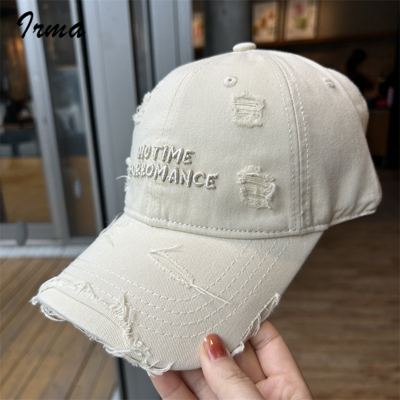 Ripped Baseball Cap Female Letter Embroidered Peaked Cap Wide Brim Soft ...