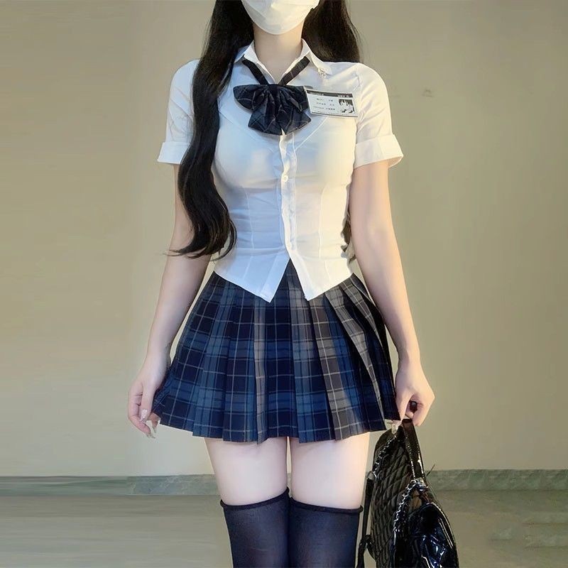 College Sweet Jk Uniform Set - Plaid Skirt, White Shirt, Pleated Short ...
