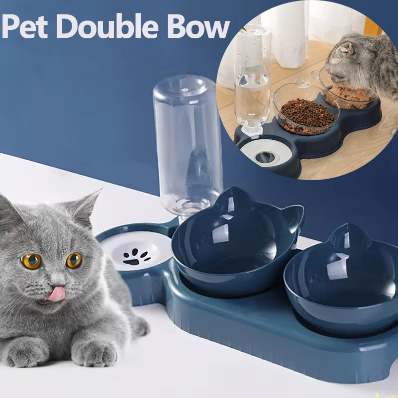 3 IN 1 Pet Cat Dog Bowl Food Plastic Double Bowl 15° Tilt Protect Cat ...