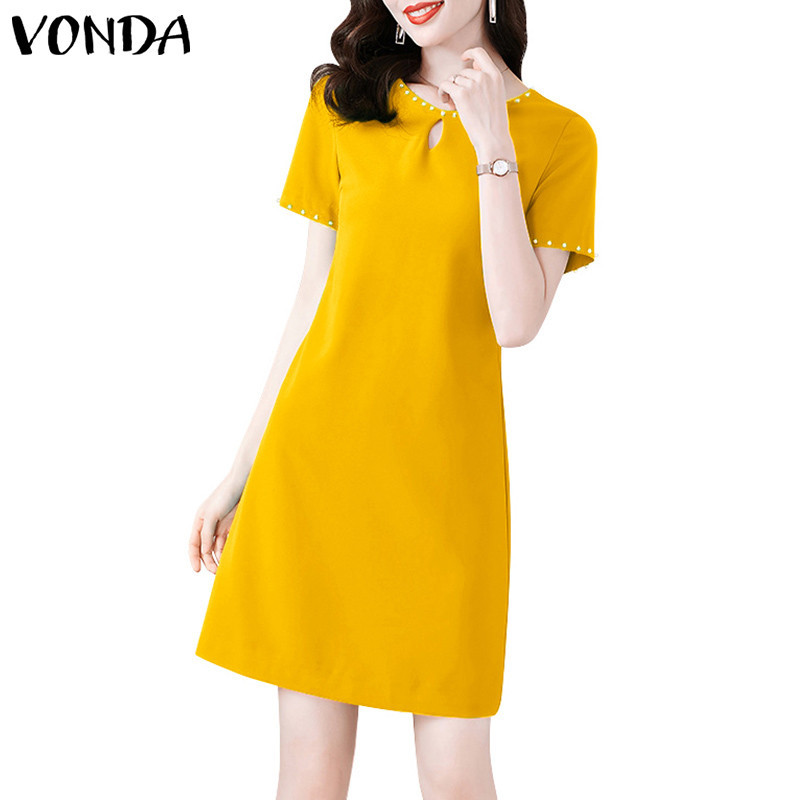 VONDA Women Korean Casual Round Neck Short Sleeve Fashion Solid Color ...