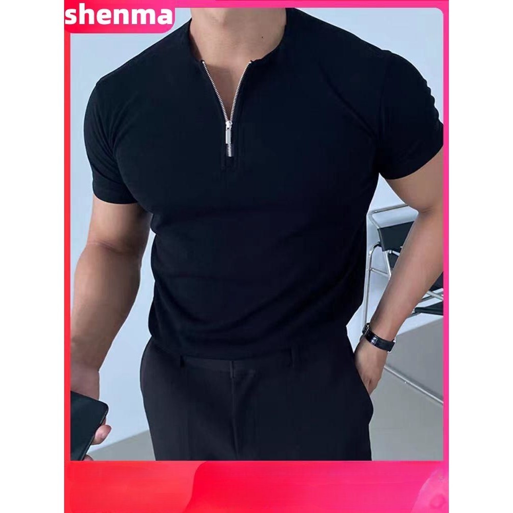 Waffle Handsome Half Zipper Henry Collar T-Shirt Short Sleeve Plus Size ...