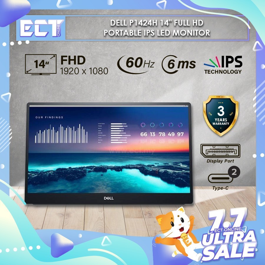 Dell P1424H 14" Full HD 1920 x 1080 Portable IPS LED Monitor (2 x USB C ...