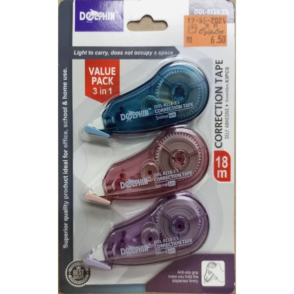 DOLPHIN CORRECTION TAPE DOL-8118-3'S VALUE PACK SET (5MM X 6M X3'S ...
