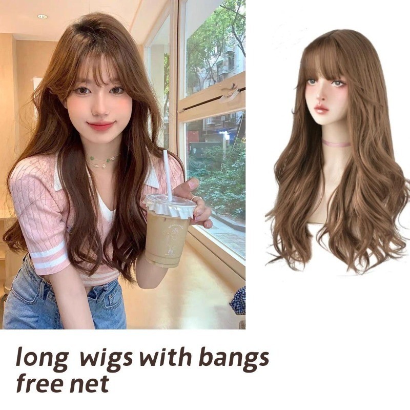 Long Curly Light Brown Wig with Air Bangs For Women Wear Girls Big Wave ...