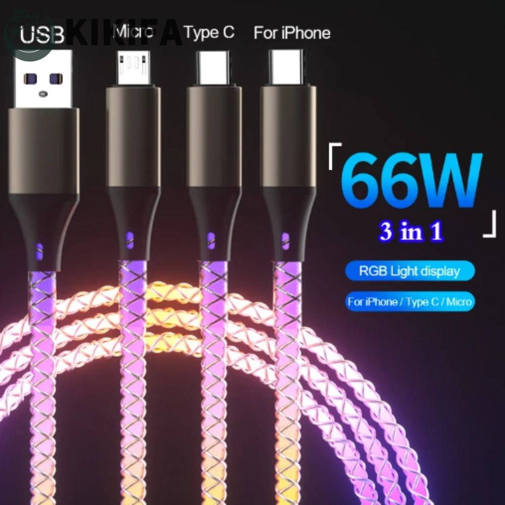 KIKIFA Fast Charging Cable, 3 in 1 6A 66W RGB Lights Charge Cable ...