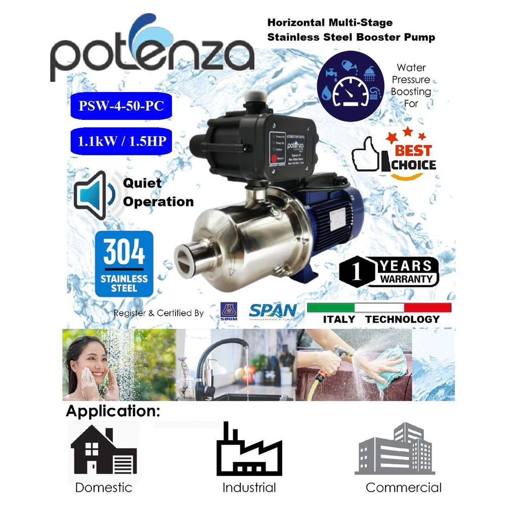 Potenza PSW 1,100W / 1.5Hp PC-Auto Multi-Stage S/Steel Booster Pump ...