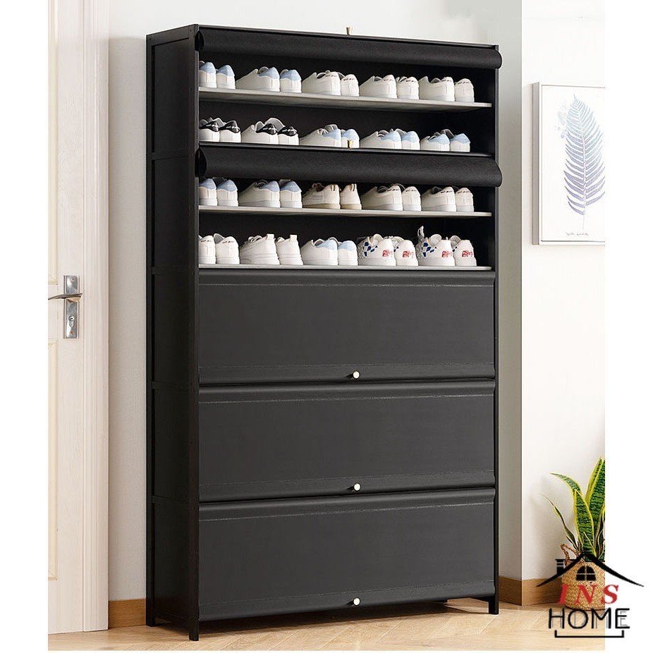 Black Shoe Rack Non-woven Fabric Multi-Layer Flip Door Shoe Cabinet ...