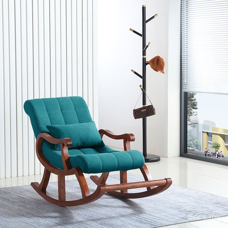 Solid Wood Rocking Chair Adult Elderly Recliner Single Nap Chair Fabric ...