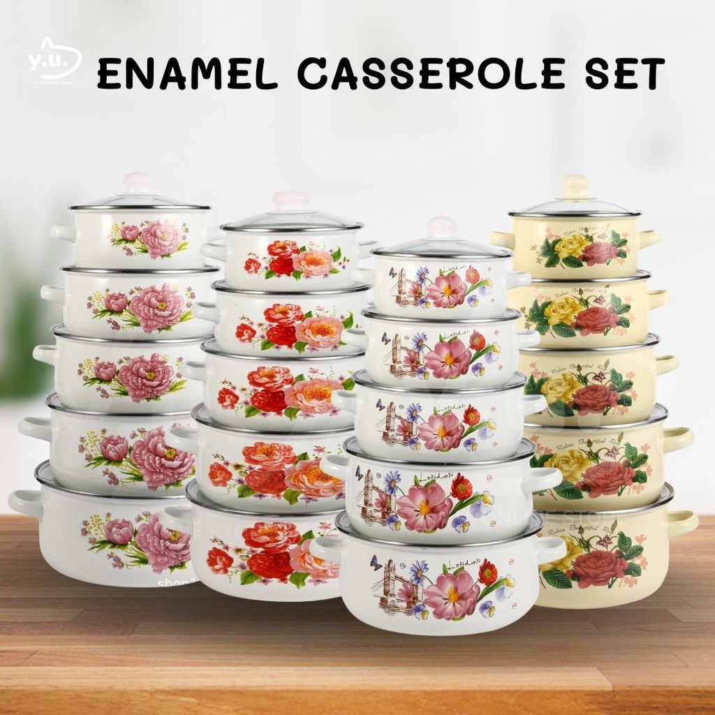 YU Ready Stock 5pcs Enamel Casserole Pot Set / Periuk Enamel 5 Beradik ...