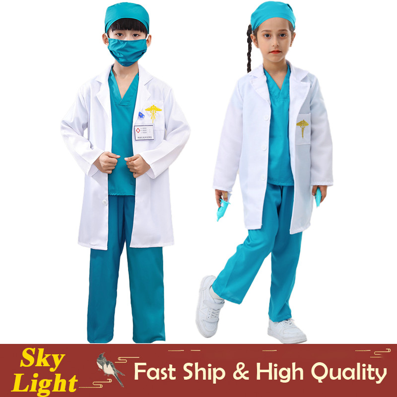 Doctor Nurse Long Sleeve White Gown Green Scrub Suit For Kids Boy Girl Hosptial Halloween ...