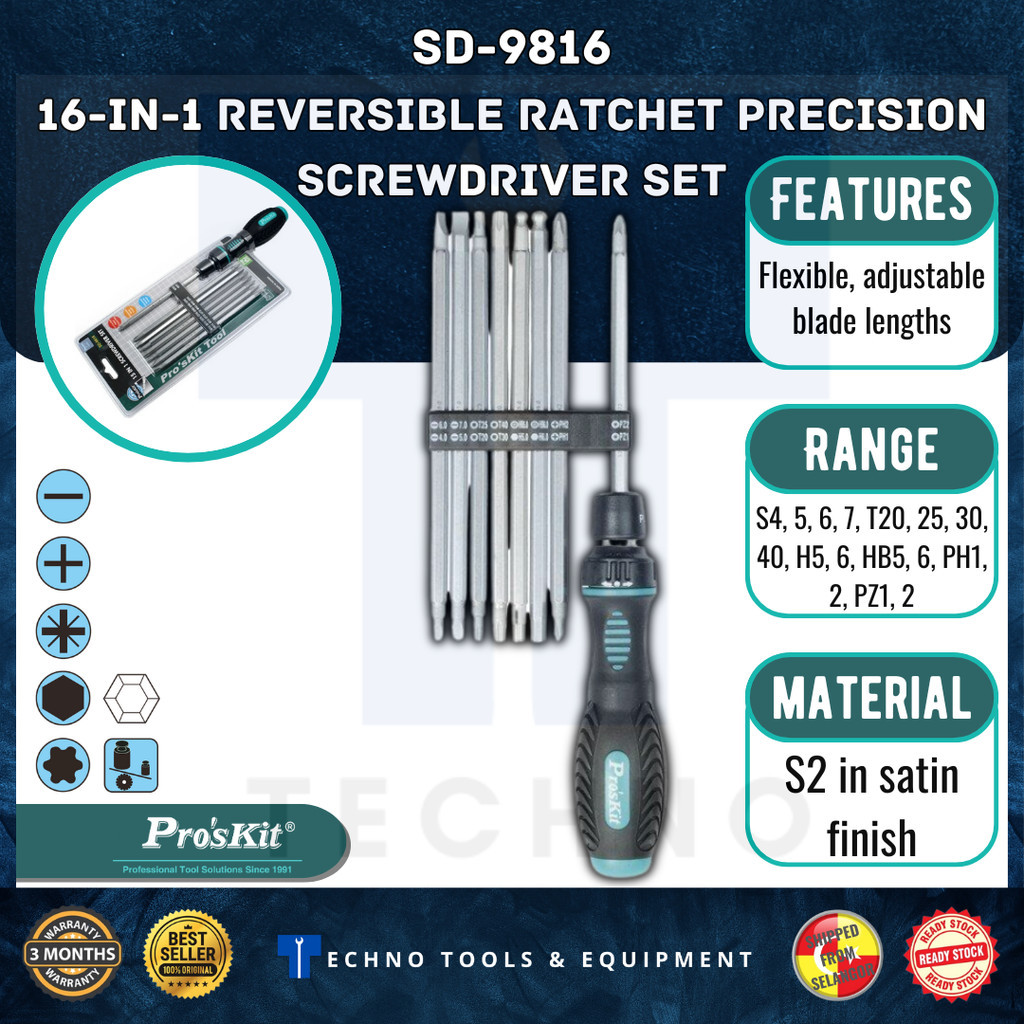 PRO'SKIT SD-9816 16-IN-1 REVERSIBLE RATCHET PRECISION SCREWDRIVER SET ...
